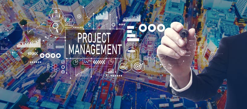 Project Management Theme with Businessman in City at Night Stock Image ...