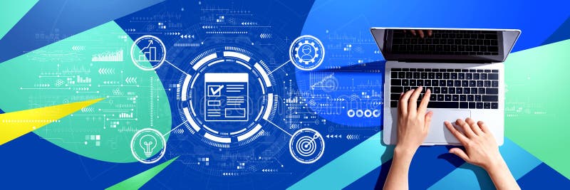 Project Management Theme with Person Using a Laptop Stock Illustration ...