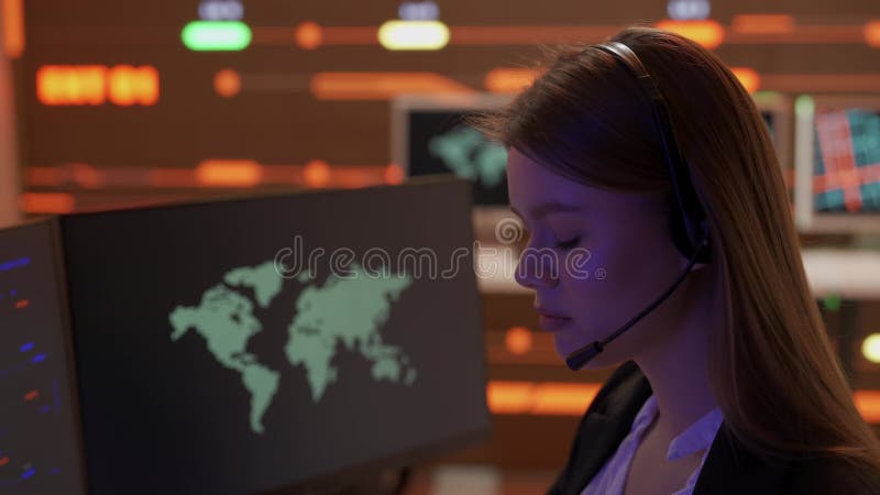 Technical Support in Control Room. Woman it Specialist in Headsets Work ...