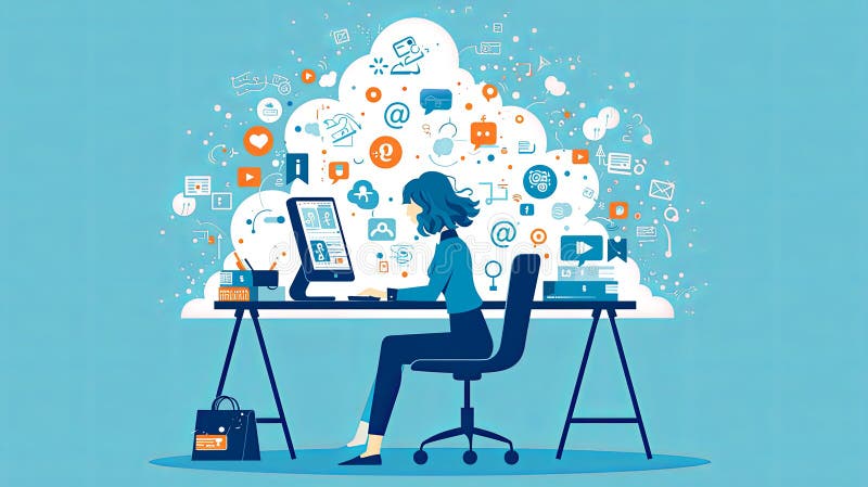 Project Manager in Digital Workspace with Cloud Technology Icons Stock ...