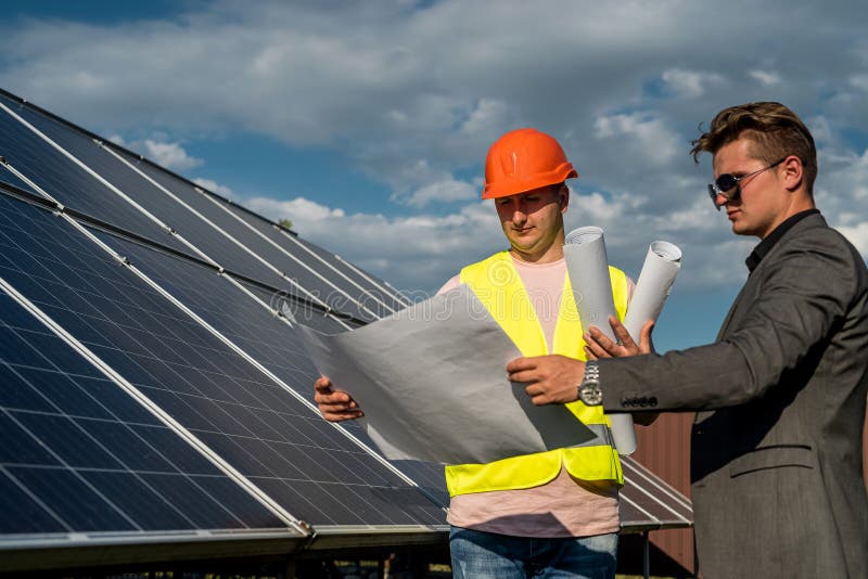 Project Manager Discuss with Worker Installation Process Solar Panel ...