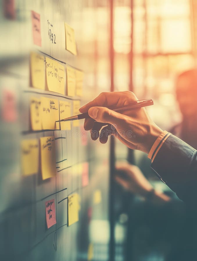Project Manager Marks Tasks on a Whiteboard during Team Planning ...