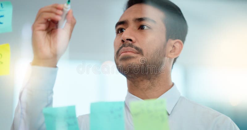 Project Manager Planning a Strategy while Writing Notes on a Glass Wall ...