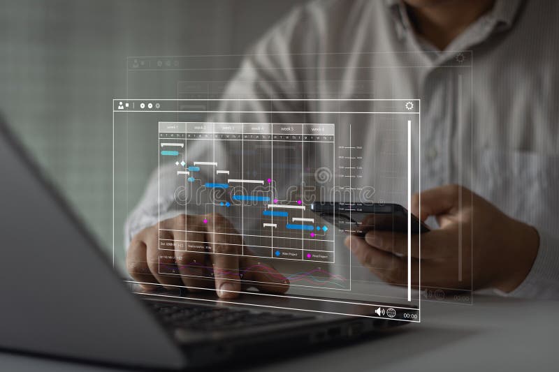 Project Manager Work with Smartphone or Tablet, Laptop Computer and ...