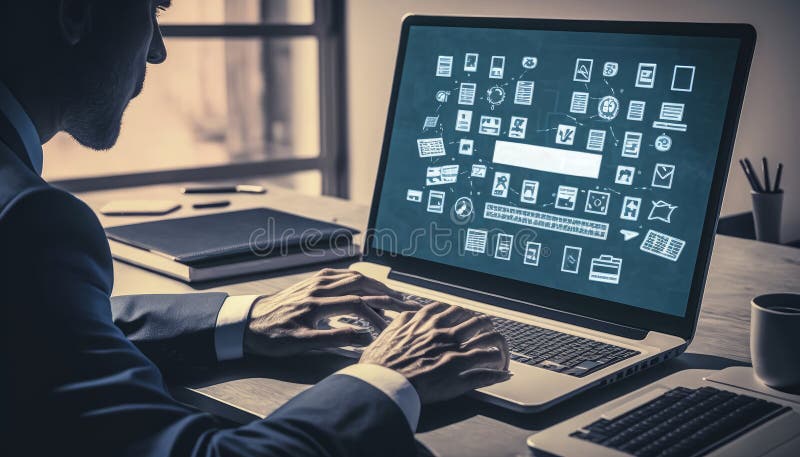 Project Manager Working on Computer at the Office. Concept with Icons ...