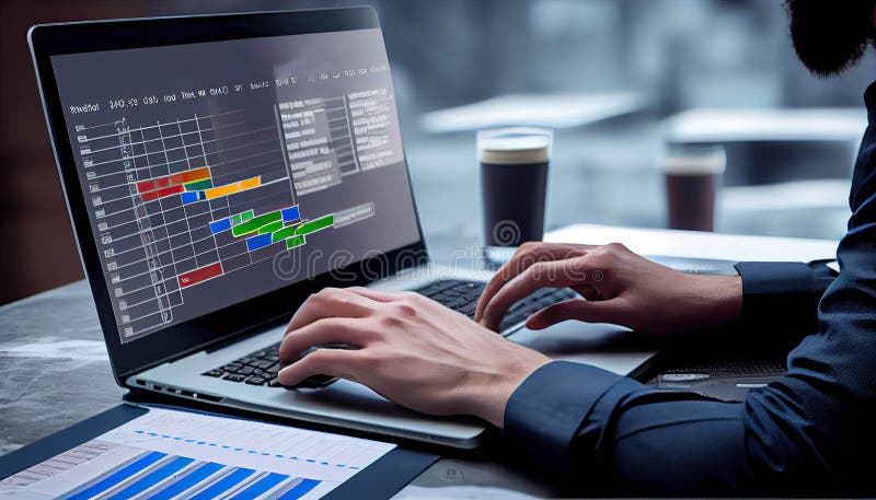 Project Manager Working on Laptop and Updating Tasks and Milesto Stock ...