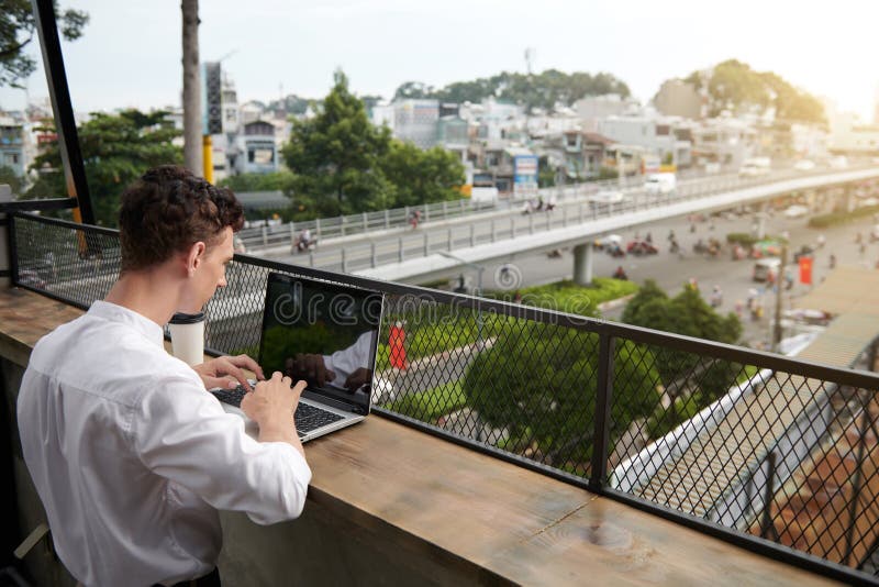 Project Manager Working on Laptop Stock Photo - Image of cheerful, city ...