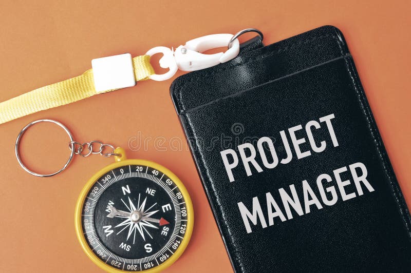 PROJECT MANAGER Written on Name Tag Over Orange Background Stock Image ...