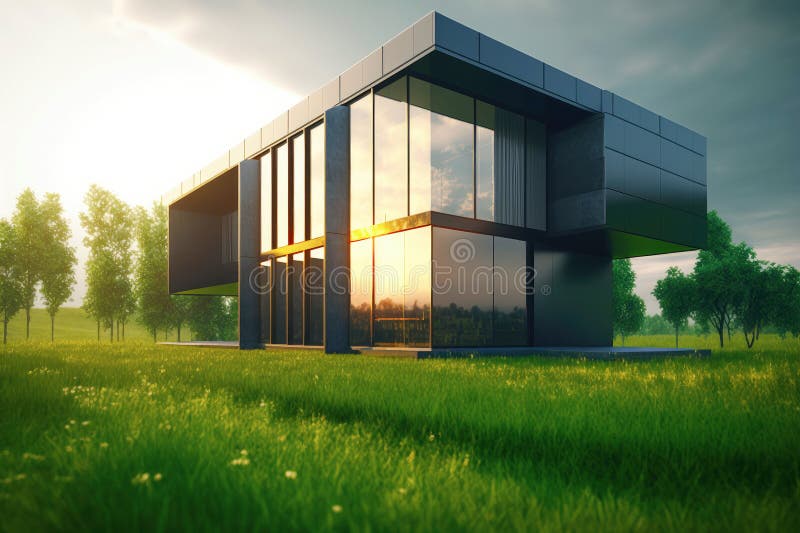Project of Modern House in a Summer Meadow. Created with Generative AI ...