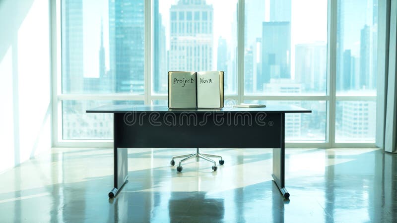 Project Nova Notebook Open on a Desk with a City Skyline View Stock Illustration - Illustration ...