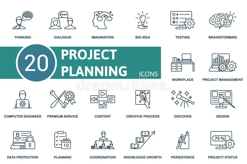 Project Planning Thin Line Icon Set. Thinking, Dialogue, Imagination ...