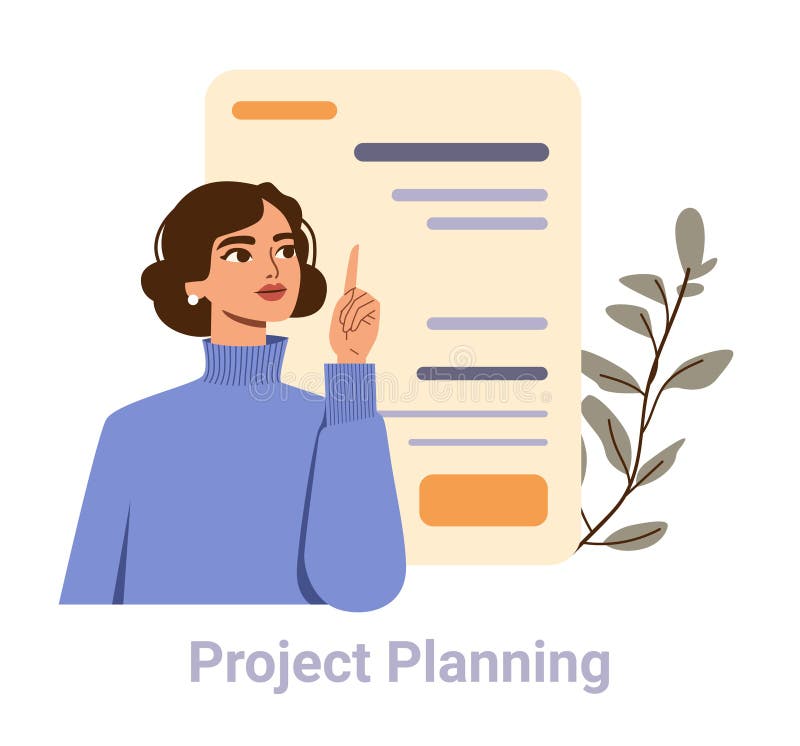 Project Planning Woman Pointing at Document Illustration. Woman in Blue ...