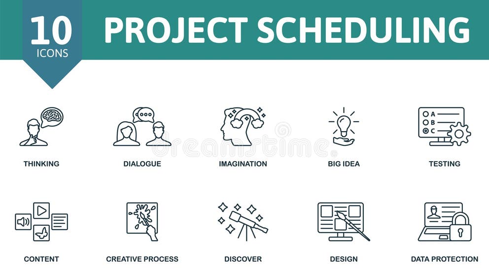 Project Scheduling Thin Line Icon Set. Thinking, Dialogue, Imagination ...