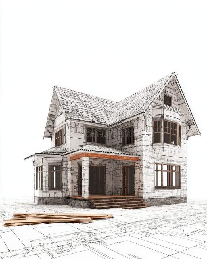 Project Showing Blueprints and a House Model Stock Illustration ...
