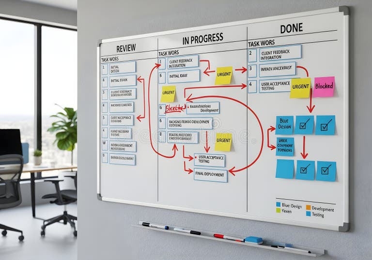 Project Task Board Setup Showing Task Cards, Process Flow Arrows, and Sticky Labels in Office ...