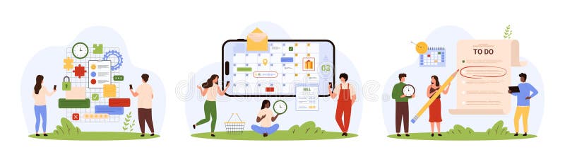 Project and Task Planning Process Set, Tiny People Plan daily Schedule, Work Time Stock Vector ...