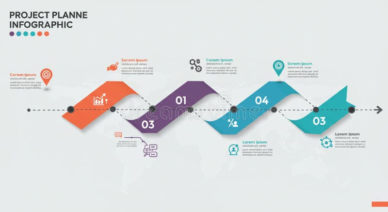 Project Timeline Infographic with a Zigzag Path Featuring Numbered Sections 01 To 04, Stock ...