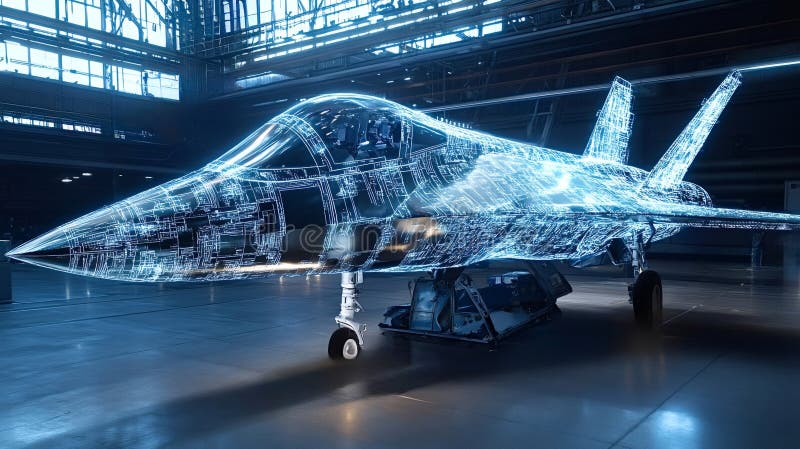 Futuristic Hologram of a Fighter Jet Being Developed in a Hangar Stock ...