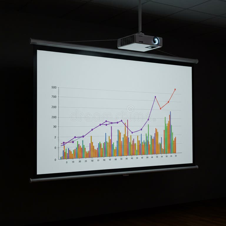 A Projection Screen Displays a Complex Chart with Colorful Vertical ...