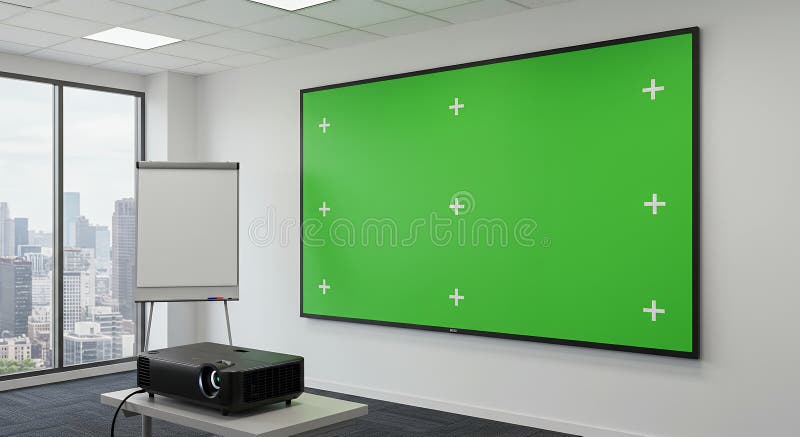 Projector Displaying Green Screen on Wall in Modern Office Space Stock ...