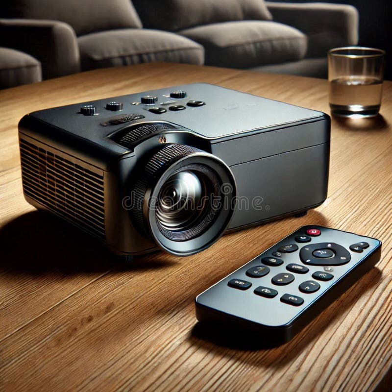 Projector with Remote on Wooden Table Stock Image - Image of functional ...