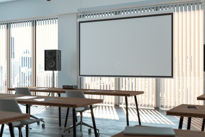 Projector Screen Canvas in Modern Conference Room with Big Windows. 3d ...