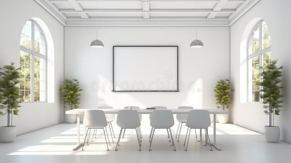 Projector Screen Canvas in Modern Conference Room with Big Windows ...