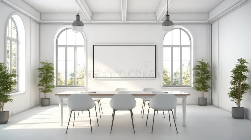 Projector Screen Canvas in Modern Conference Room with Big Windows ...