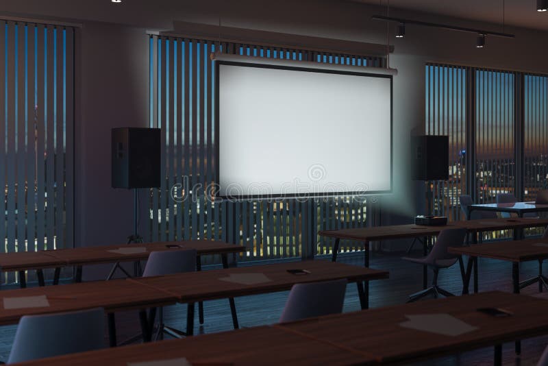 Projector Screen Canvas in Modern Conference Room with Big Windows. 3d ...