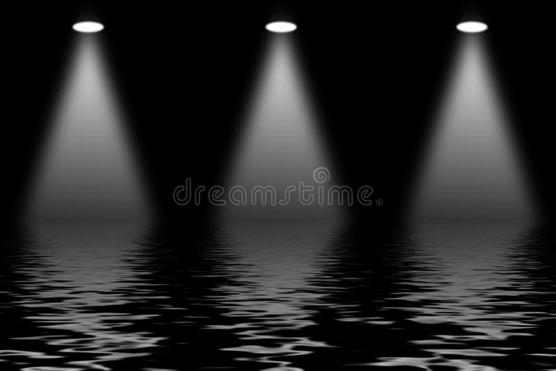 Projector Spotlight with Reflection in Water. Isolated on Black ...