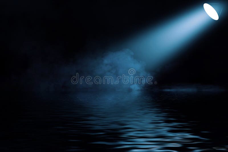 Projector Spotlight with Reflection in Water. Isolated on Black ...