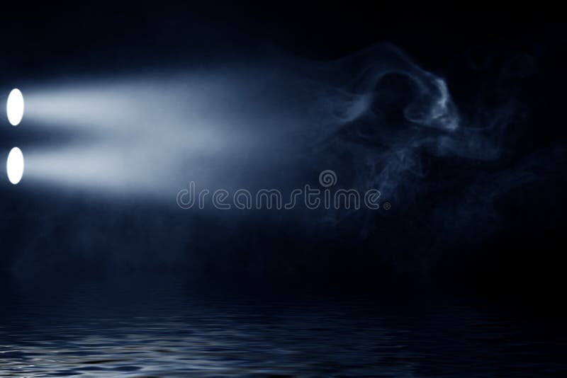 Projector Spotlight with Reflection in Water. Isolated on Black ...