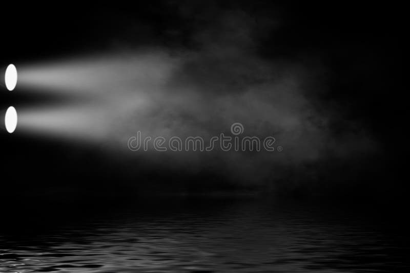 Projector Spotlight with Reflection in Water. Isolated on Black ...