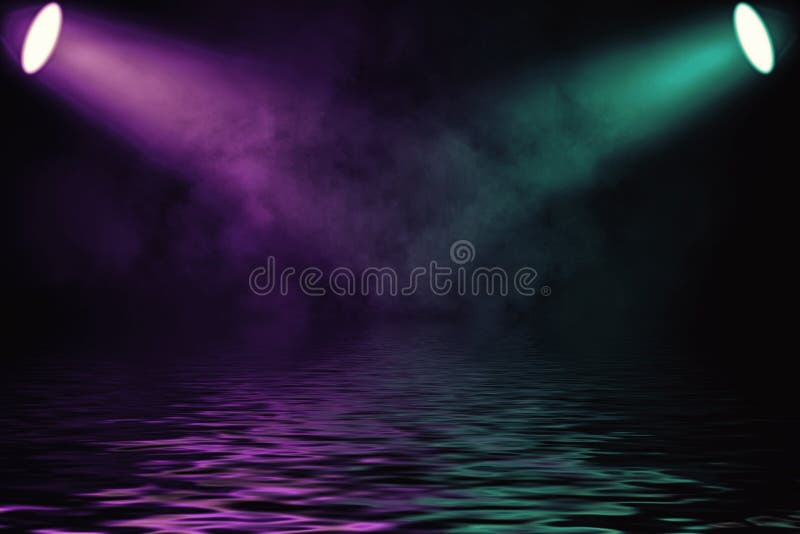 Projector Spotlight with Reflection in Water. Isolated on Black ...