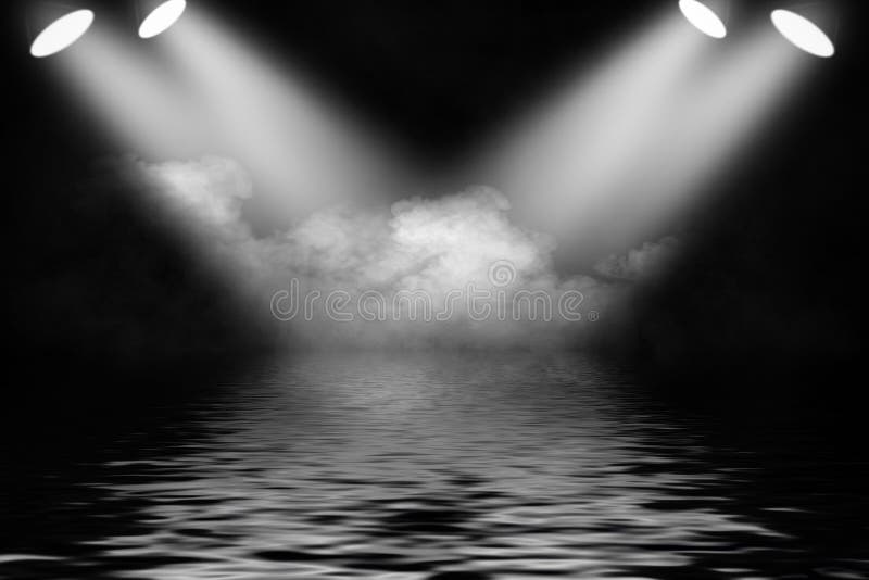 Projector Spotlight with Reflection in Water. Isolated on Black ...