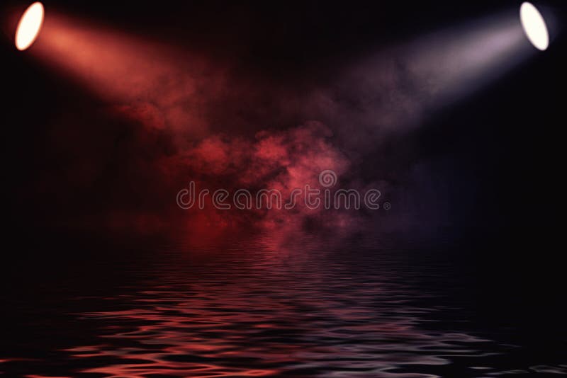 Projector Spotlight with Reflection in Water. Isolated on Black ...