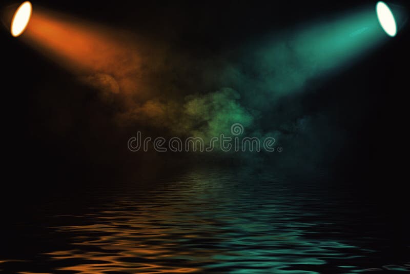 Projector Spotlight with Reflection in Water. Isolated on Black ...