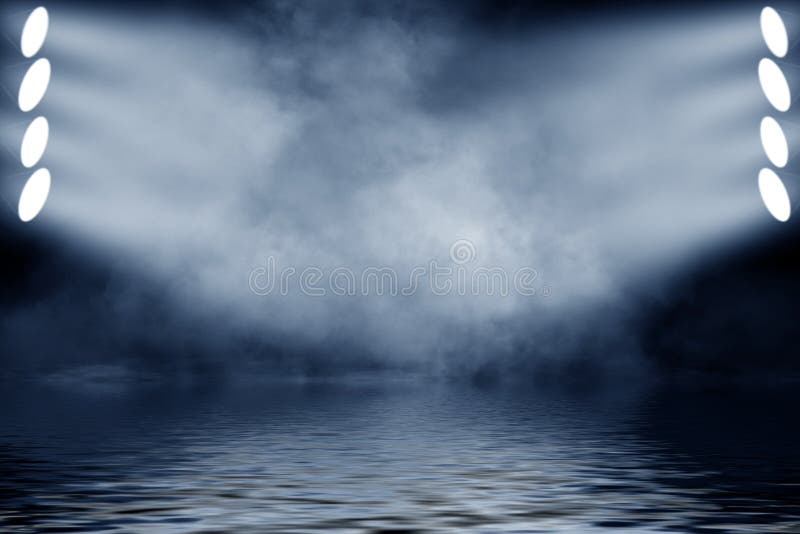 Projector Spotlight with Reflection in Water. Isolated on Black ...