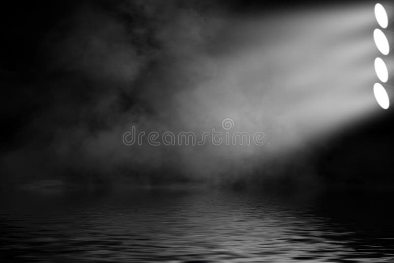 Projector Spotlight with Reflection in Water. Isolated on Black ...