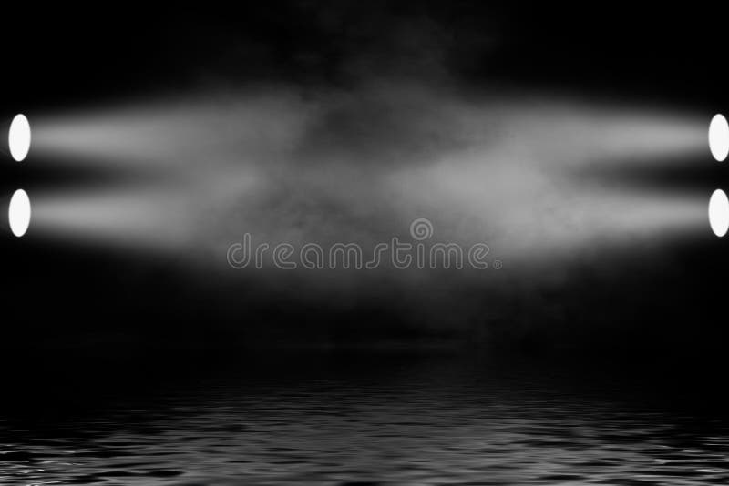 Projector Spotlight with Reflection in Water. Isolated on Black ...