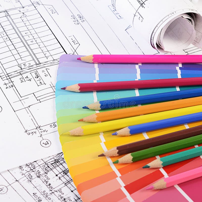 Projects of Houses with Color Palette Stock Photo - Image of blueprint ...