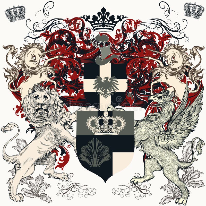 Projeto Heráldico Com Grifo, Leão E Coroas Da Brasão No Ilustração do ...