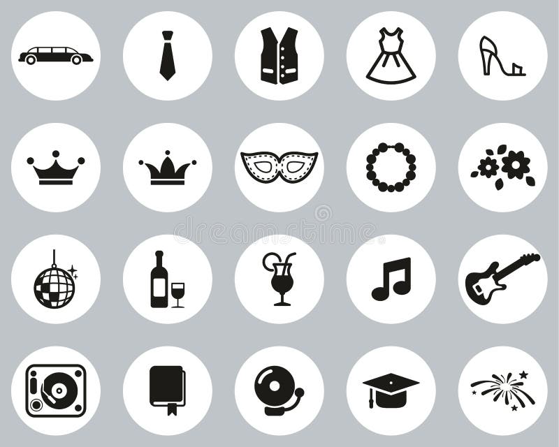 Prom Night Icons Black & White Flat Design Circle Set Big Stock Vector ...