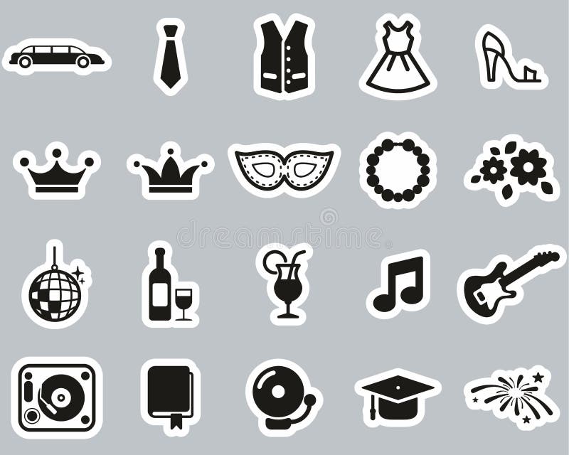 Prom Night Icons Black & White Sticker Set Big Stock Vector ...