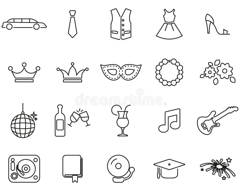 Prom Night Icons White on Black Sticker Set Big Stock Vector ...