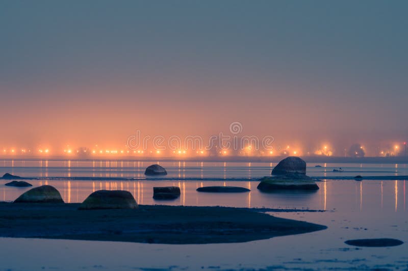 Promenade Lights on Misty Night Stock Photo - Image of lantern, city ...
