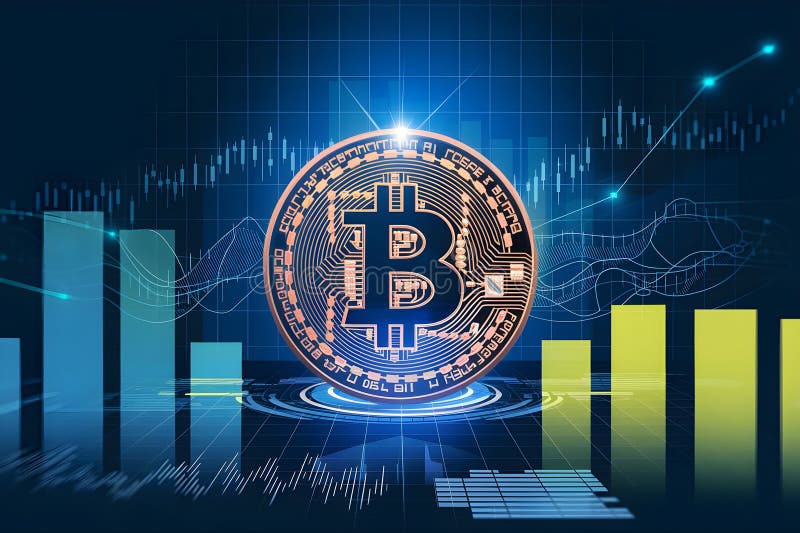Prominent Bitcoin Symbol with Bar Graphs and Lines, Blue Yellow Green ...