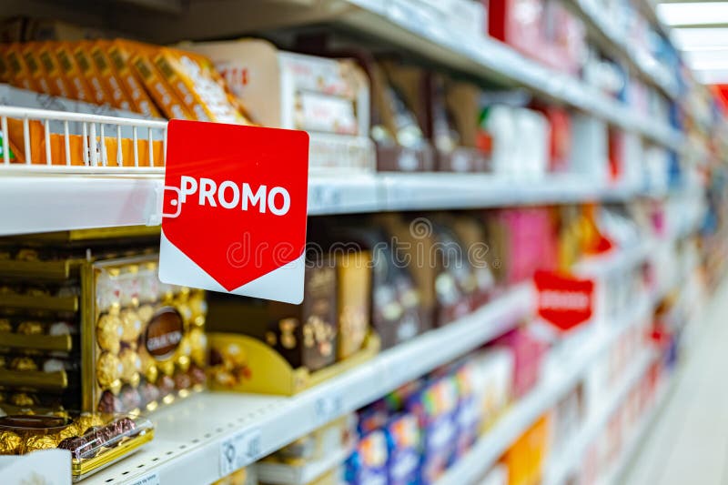 Promo Sign at a Shelf in a Supermarket Stock Image - Image of store ...