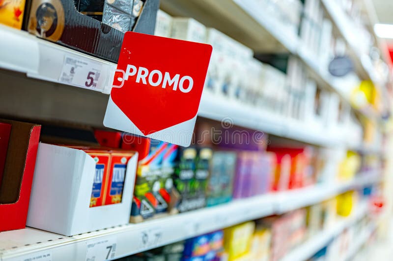 Promo Sign at a Shelf in a Supermarket Stock Photo - Image of promotion ...
