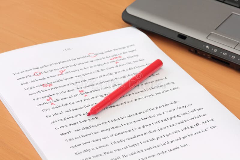 Proofreading a Manuscript beside Laptop Stock Photo - Image of write ...
